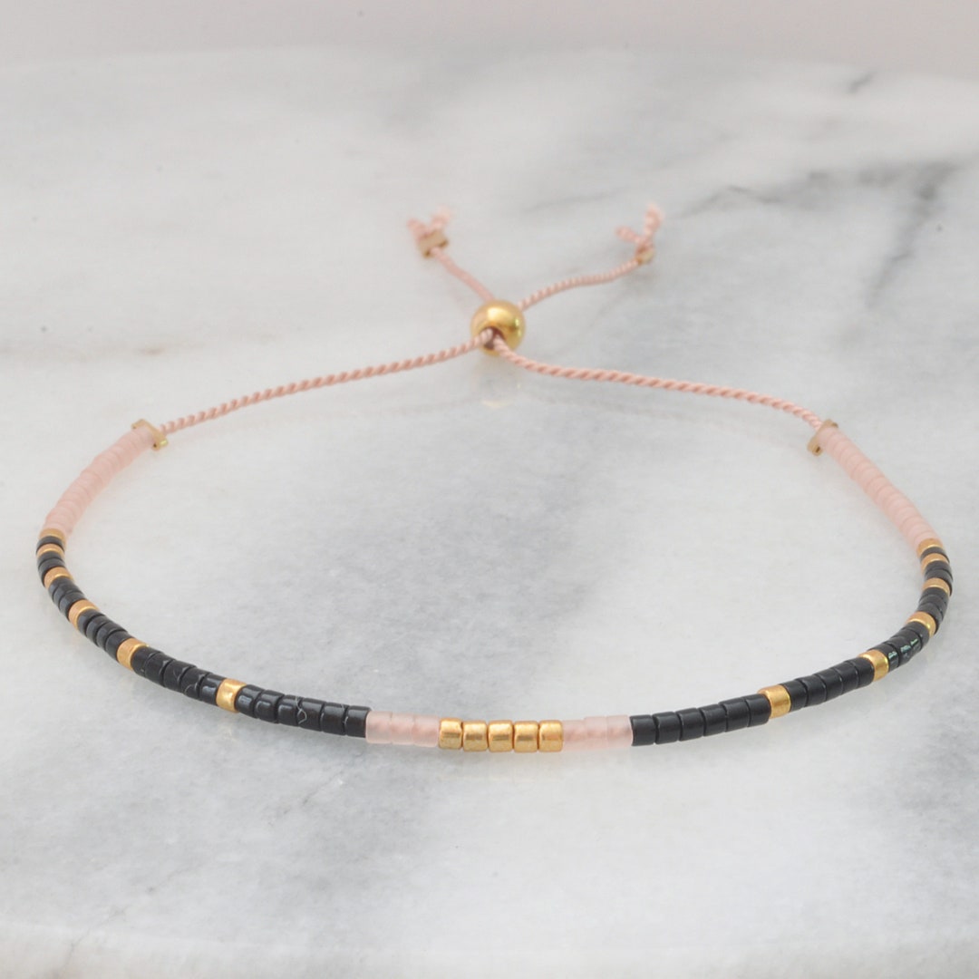 Black and Gold String Bracelet, Seed Bead Bracelet, Tiny Bead Bracelet ...