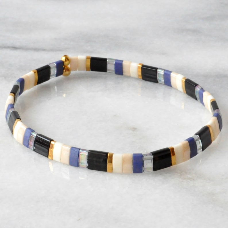 Black Stretch Tile Bracelet, Glass Tile Bangle, Tila Bracelet, Beaded ...