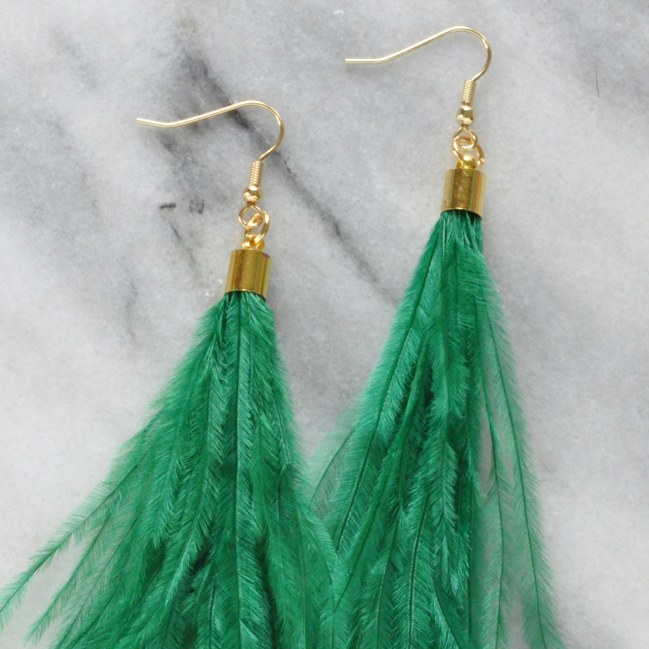 Green Feather Earrings, Emerald Feather Tassel Earrings, Bohemian ...