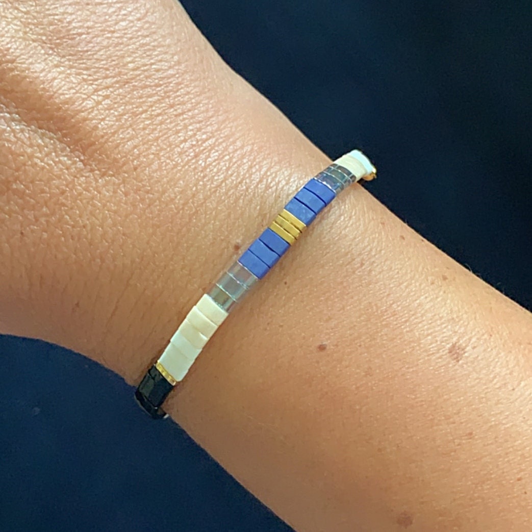 Navy and Black Stretch Tile Bracelet Glass Tile Bangle Tila | Etsy