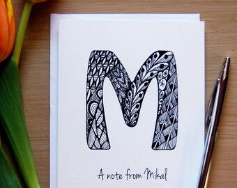 Personalized Note Cards M Monogram Zentangle Note Card Thank | Etsy