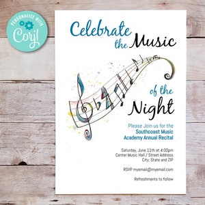Music Celebration Invitation - Music Recital, Musical Event, Editable ...