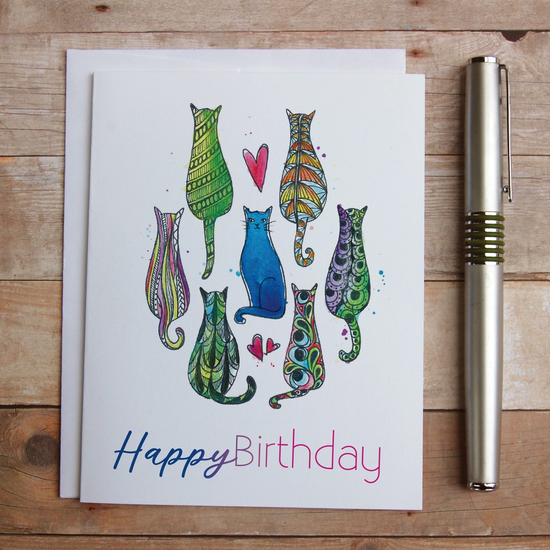 Groovy Cats Happy Birthday Card - Zentangle Cat Birthday Card, Cat ...