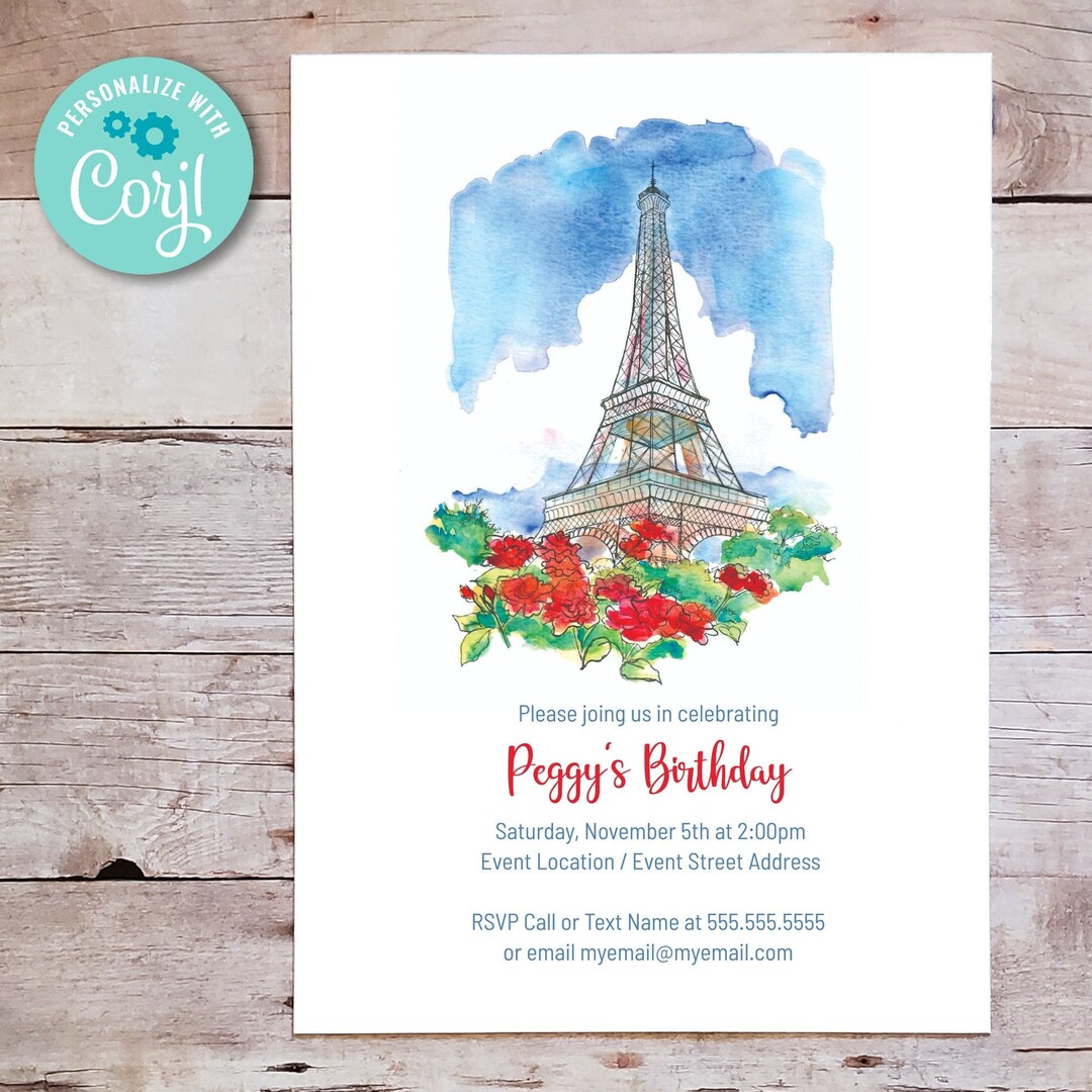 Eiffel Tower Invitation - Paris, French Themed Party Invite, Watercolor ...