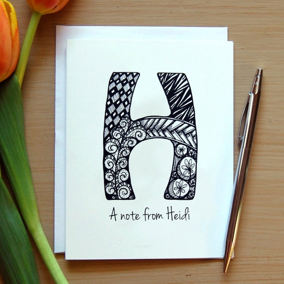 Personalized Note Cards H Monogram Zentangle Note Card Thank | Etsy
