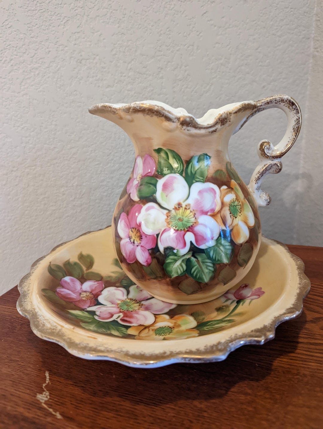 Hand Painted Pitcher With Bowl Set With Floral Design - Etsy