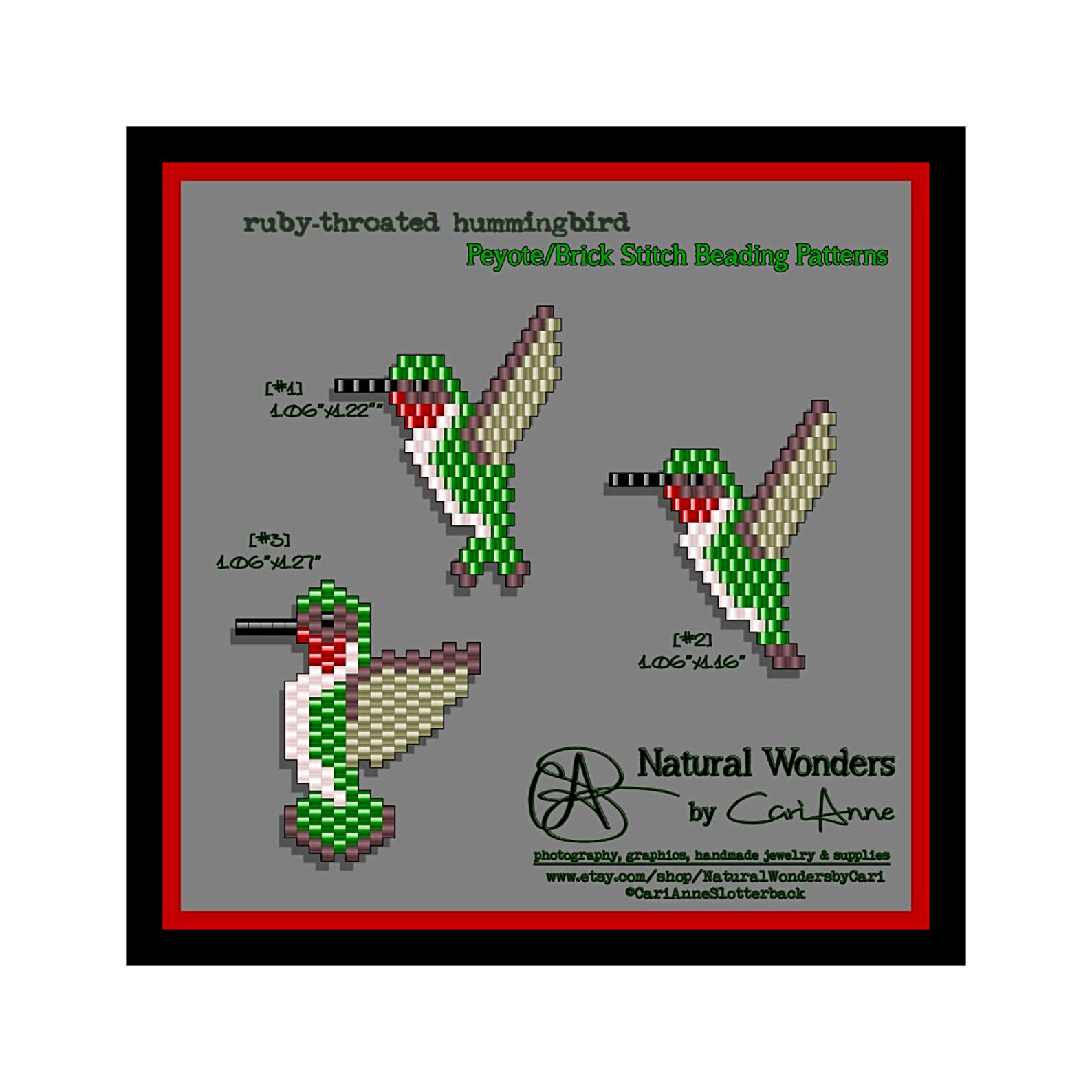 Ruby-throated Hummingbird (3pc) Peyote/brick Stitch Beading Patterns ...