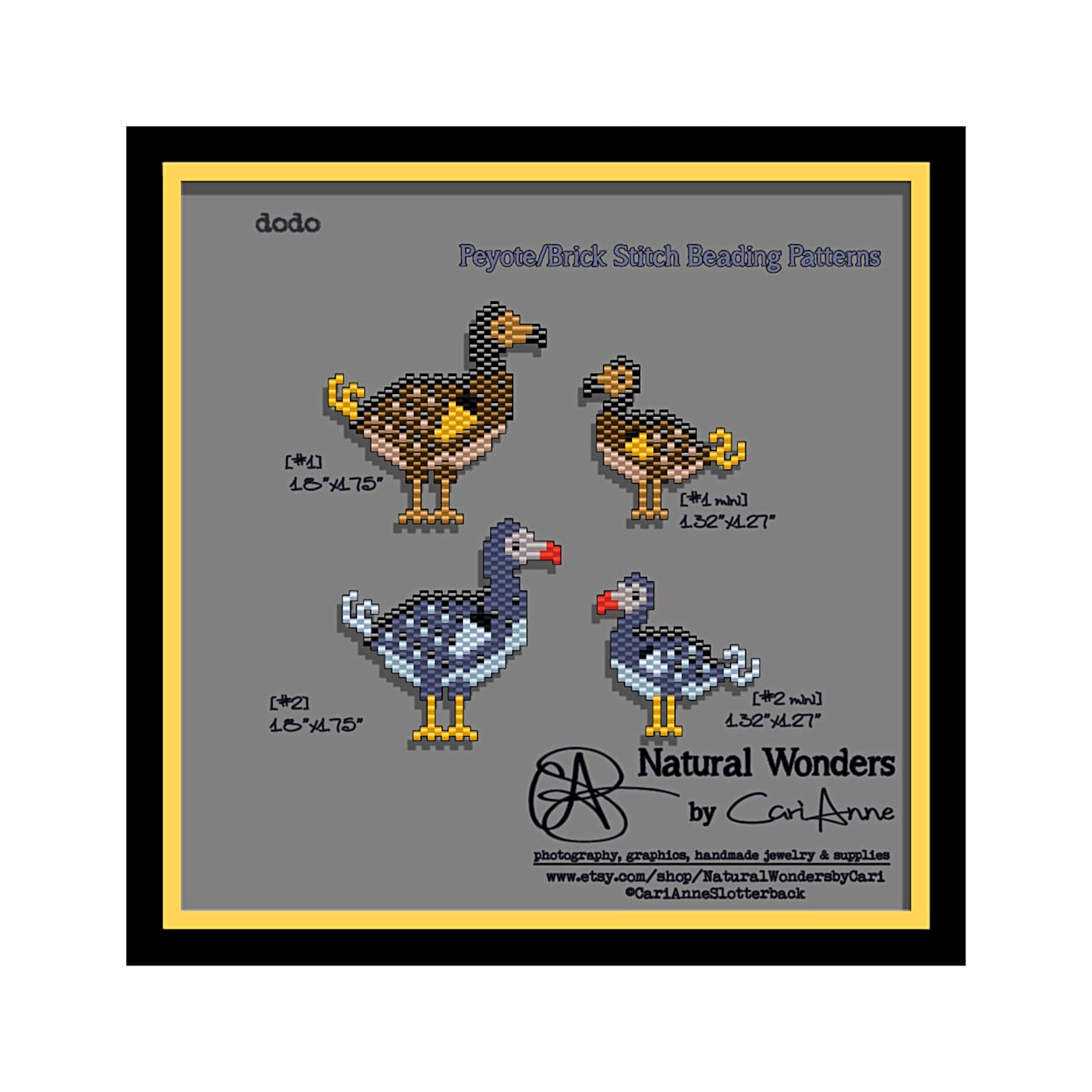 Dodo 4pc Brick / Peyote Stitch Pattern for Pendants, Earrings, Charms ...