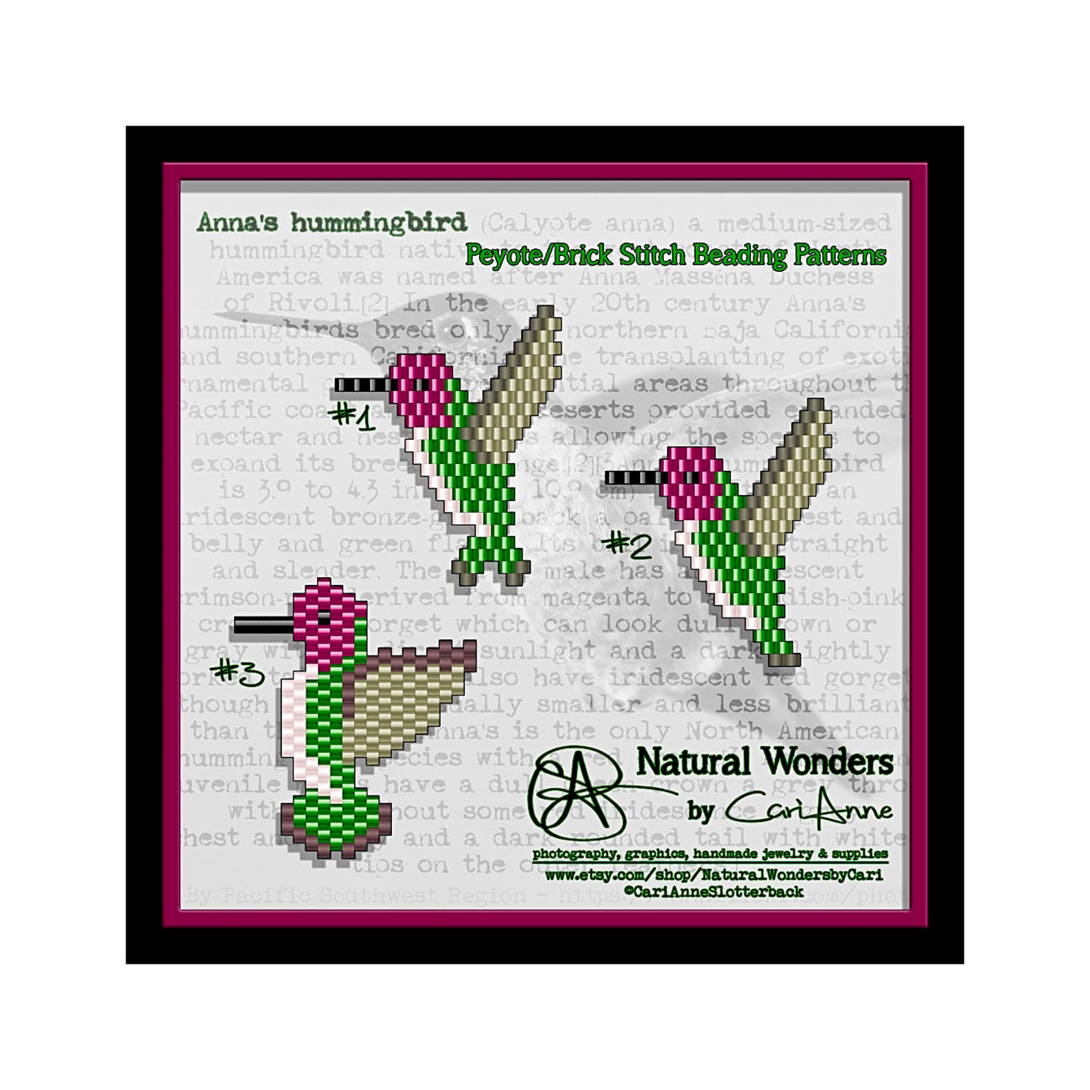 Anna's Hummingbird (3pc) Peyote/brick Stitch Beading Patterns for ...