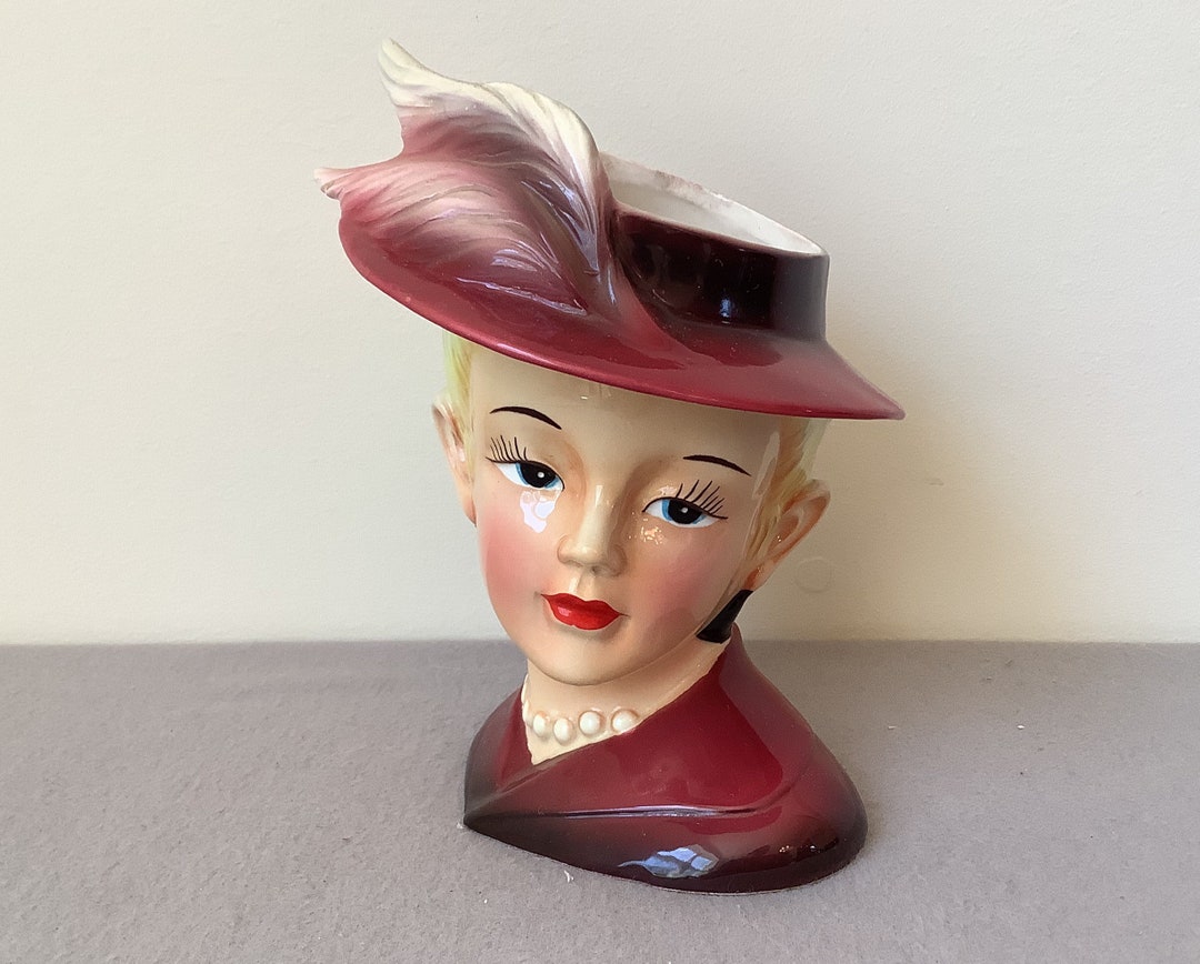 Vintage Shafford Lady Head Vase Blond Hair, Burgundy Dress, Burgundy ...
