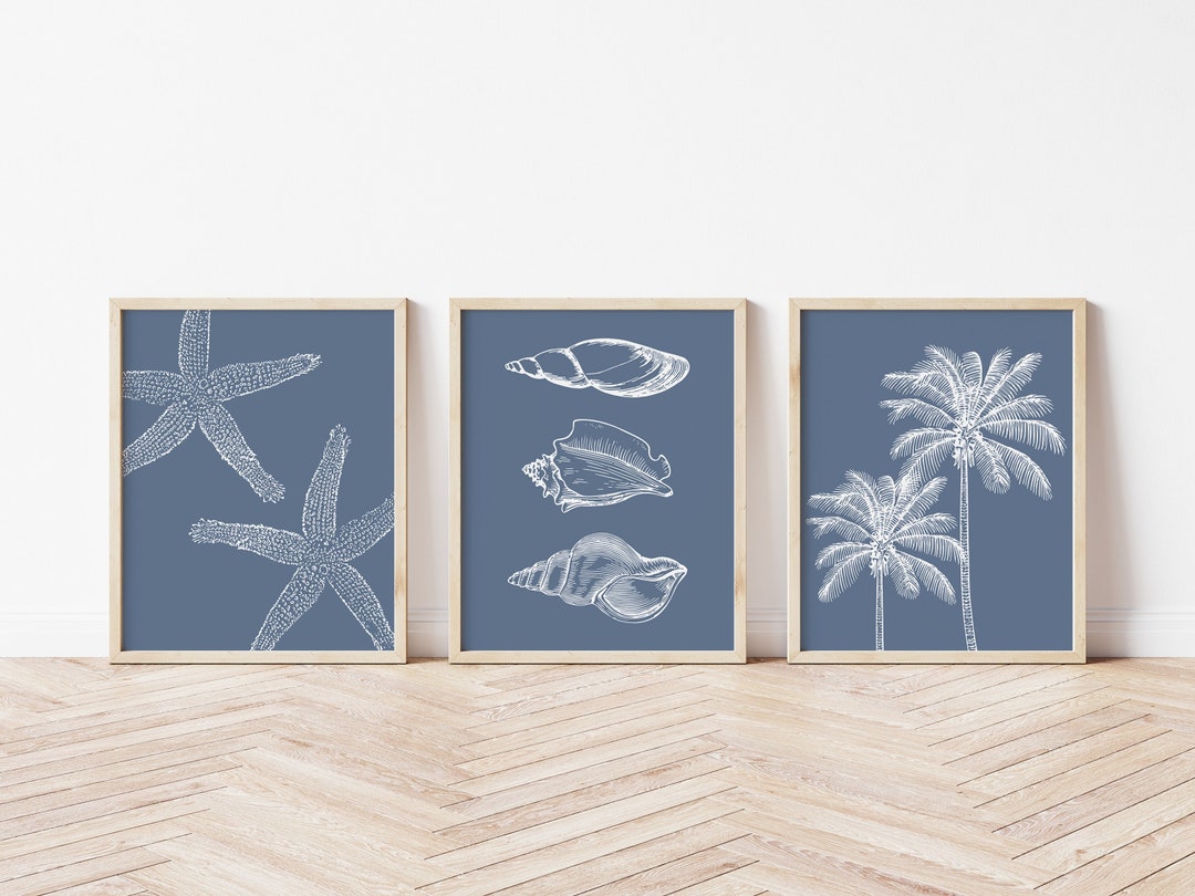 Navy Coastal Printables, Set of 3 Printables, Blue Palm Tree Print ...