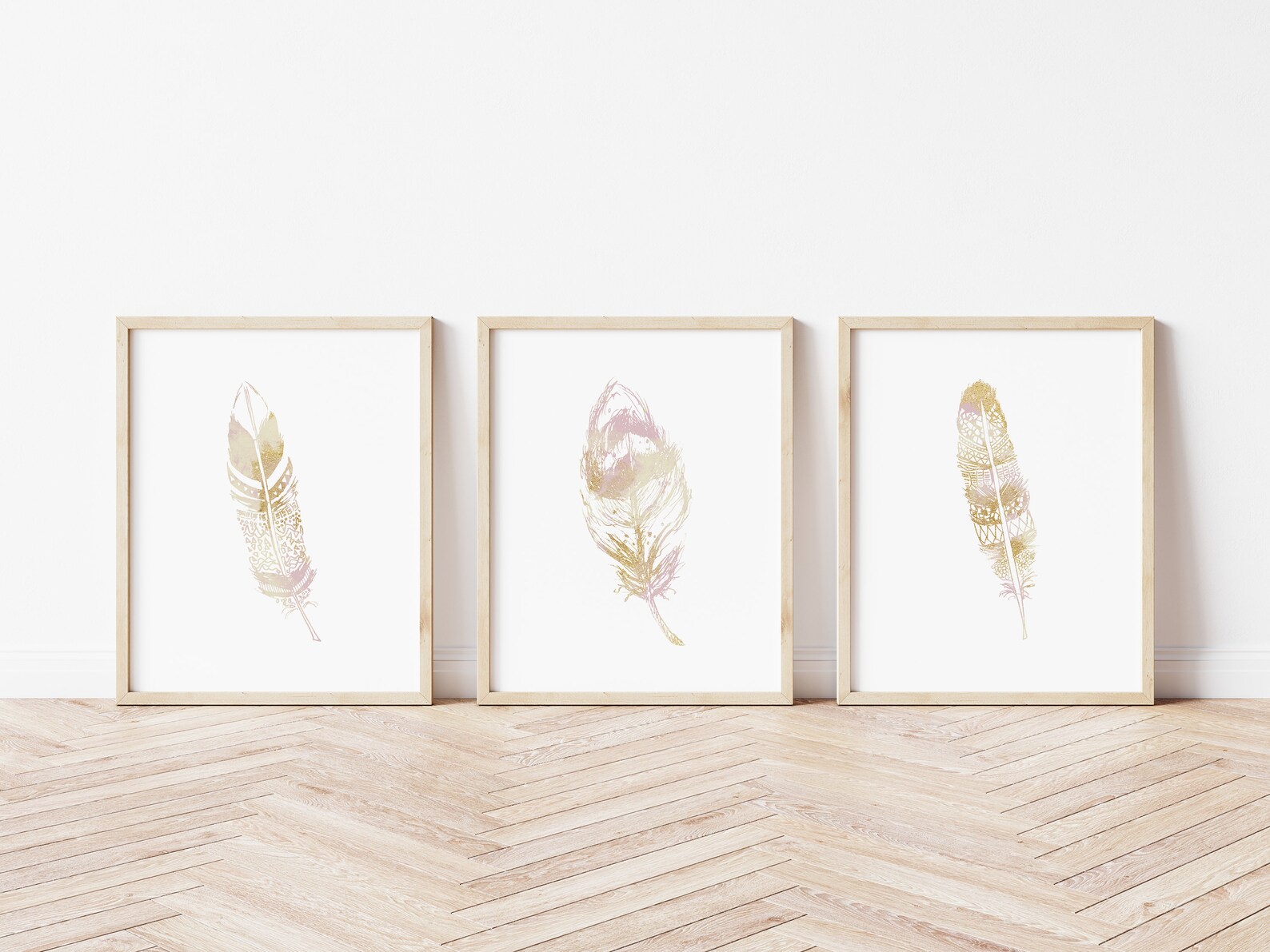 Set of Three Boho Feather Printable, Instant Download, Purple and Gold ...