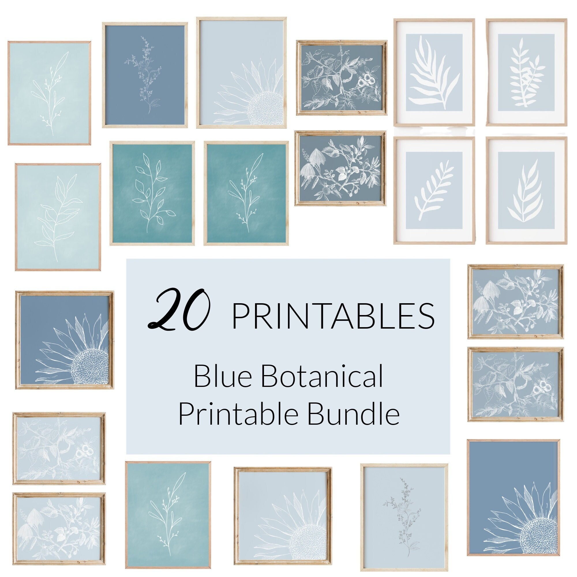 20 Blue Botanical Printable Bundle, Floral Printables, Blue Floral ...