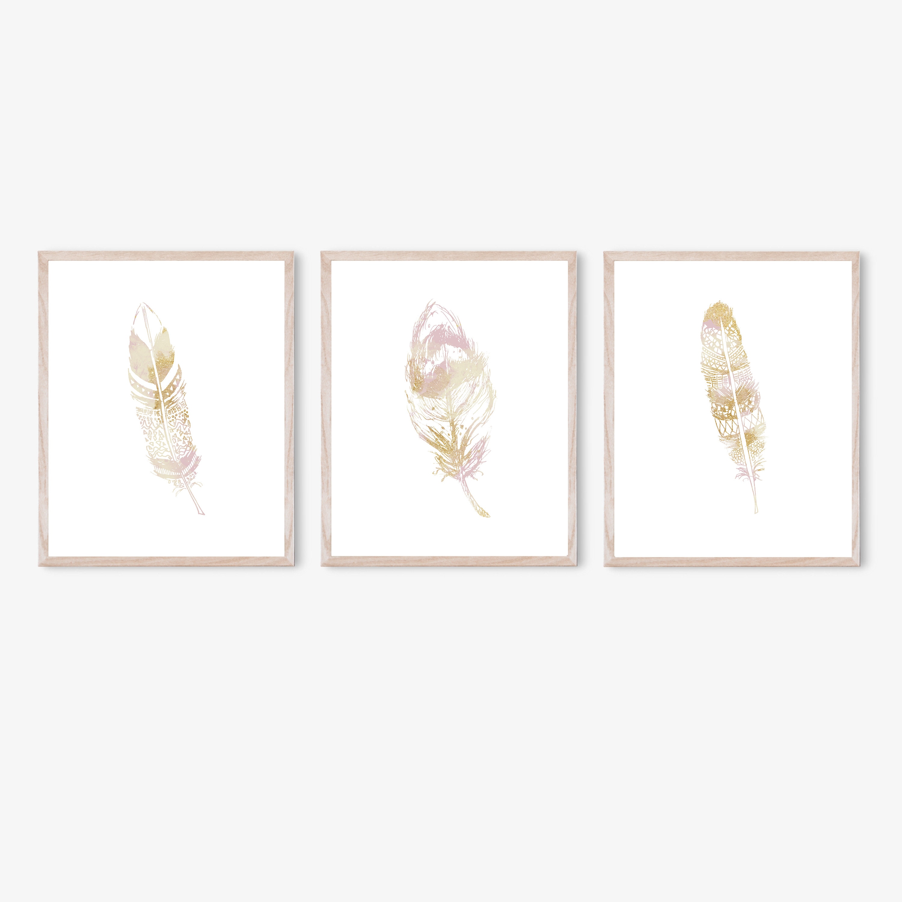 Set of Three Boho Feather Printable, Instant Download, Purple and Gold ...