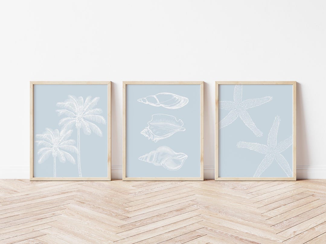 Coastal Printables, Set of 3 Printables, Blue Palm Tree Print, Starfish ...