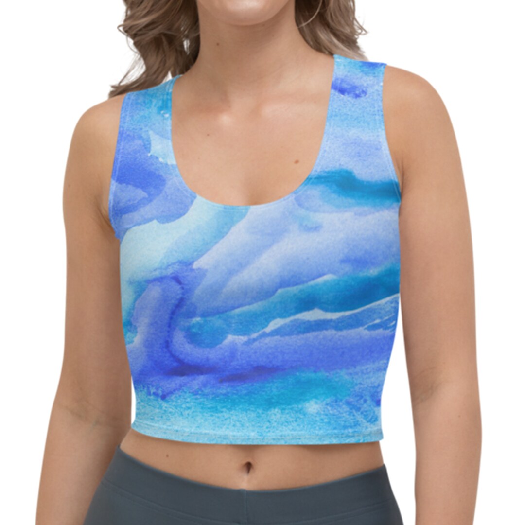 Ocean Crop Tank Top for Women, Blue Watercolor Sleeveless Shirt ...