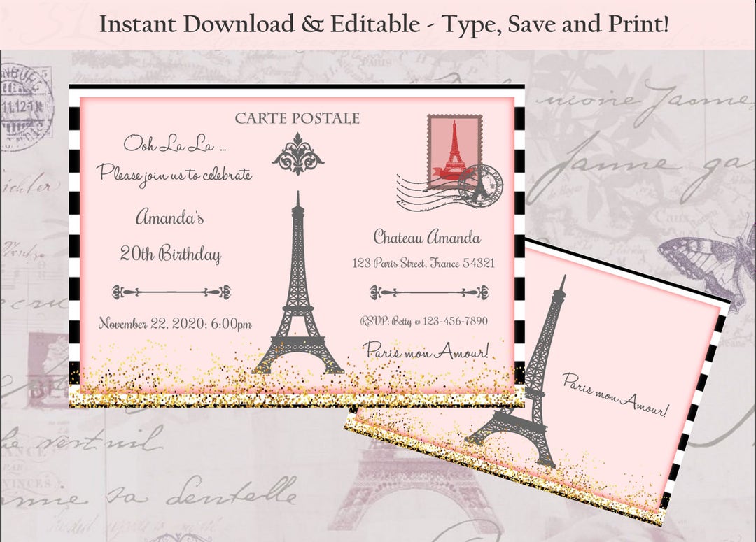 Editable-double Sided Paris Postcard Invitation, Paris Theme Invitation ...