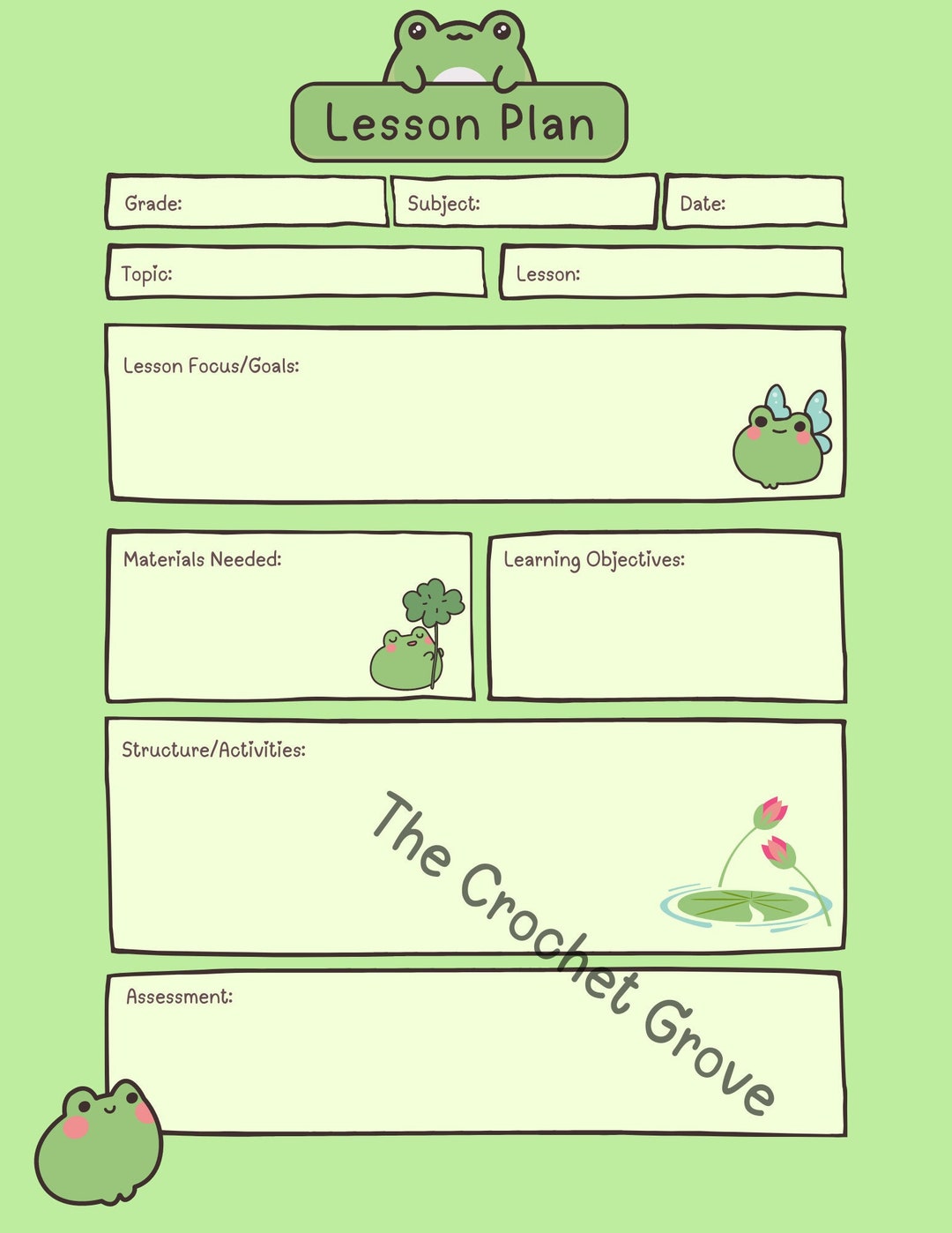 Printable Teacher Lesson Plan, Frog Themed Lesson Plan, Multiple Colors ...