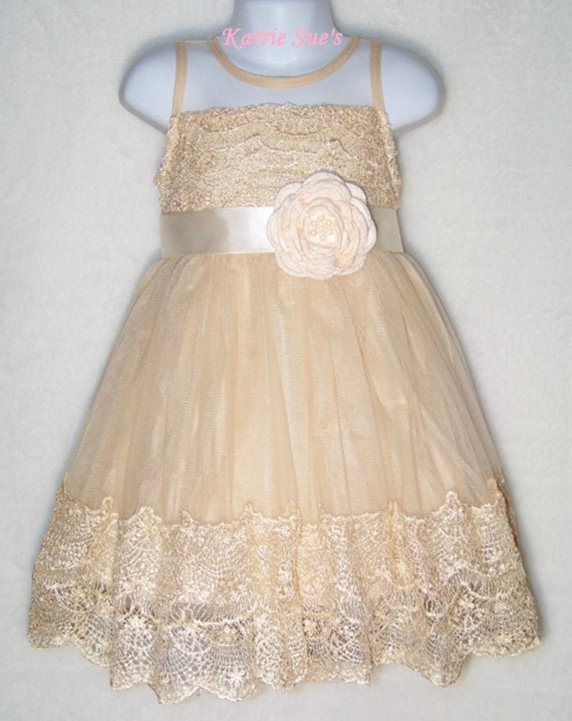 Flower Girl Dress Champagne Lace Dress Pageant Wedding Etsy
