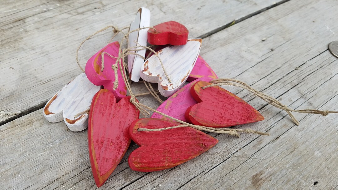 Rustic Valentine Heart Ornaments, Barn Wood Hearts, SET OF 10, Mini ...