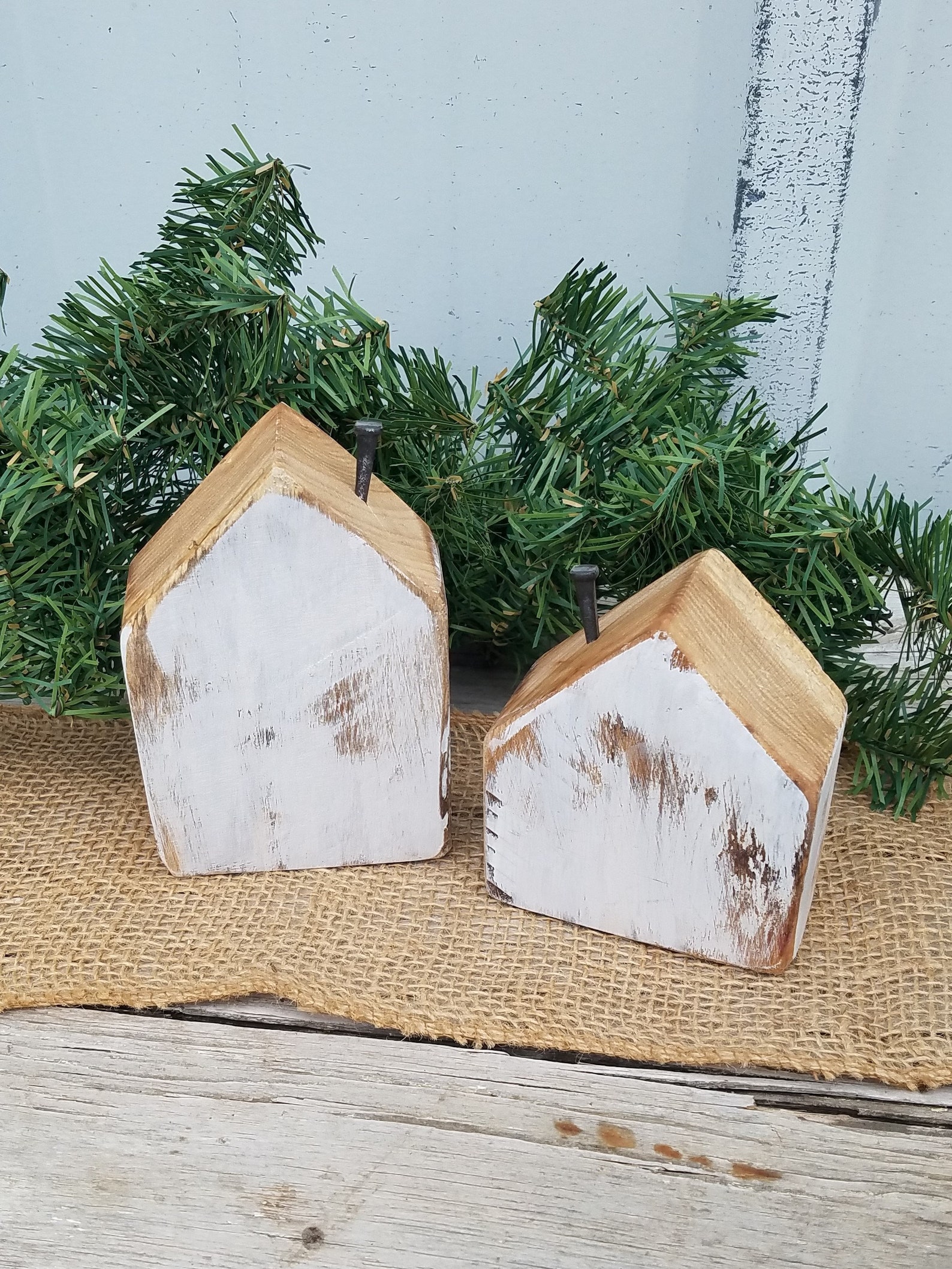 Set of 2 Rustic houses farmhouse decor distressed house | Etsy
