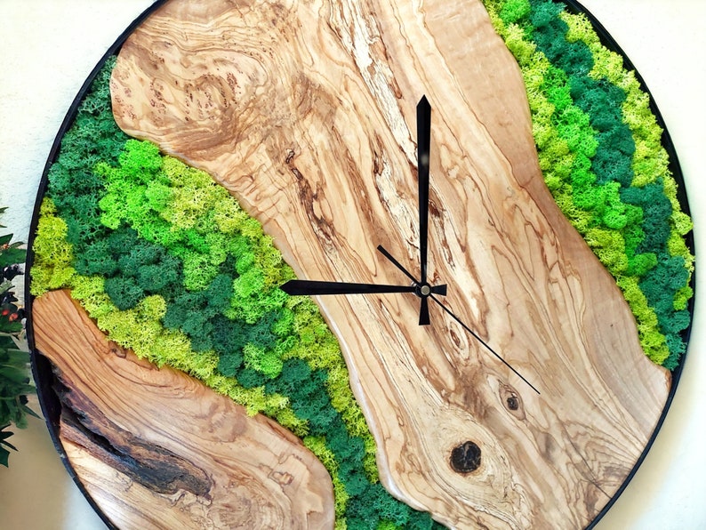 Olive Wood Clock With Moss, Natural Wood Wall Art - Etsy