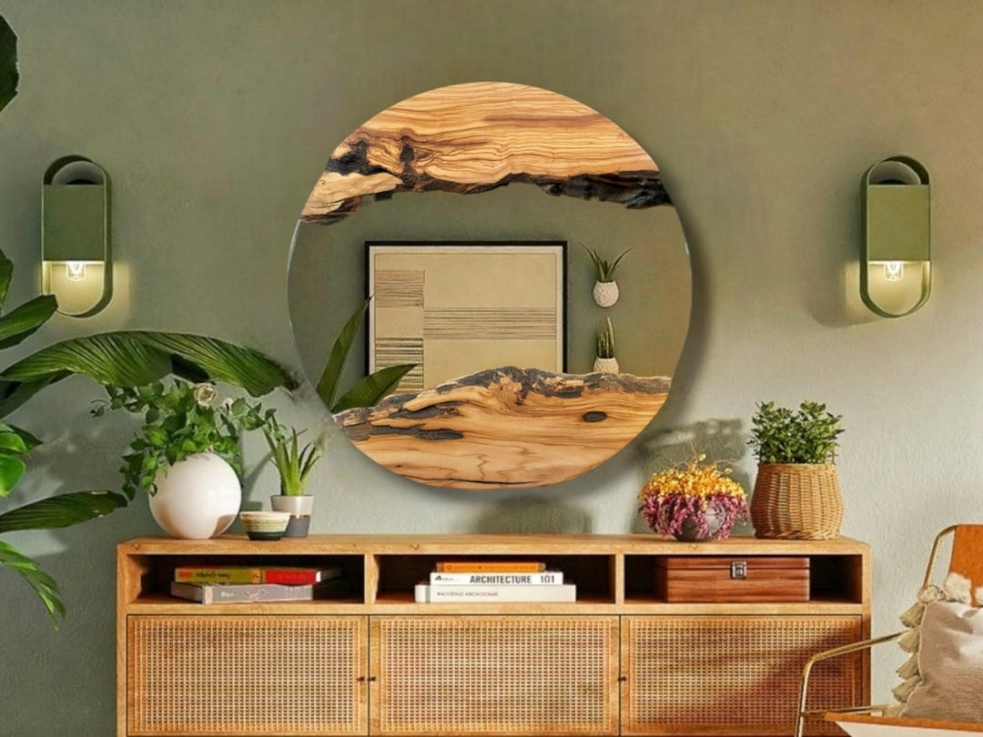 Olive Wood Round Mirror, Live Edge Wood Wall Mirror, Decorative Wall ...