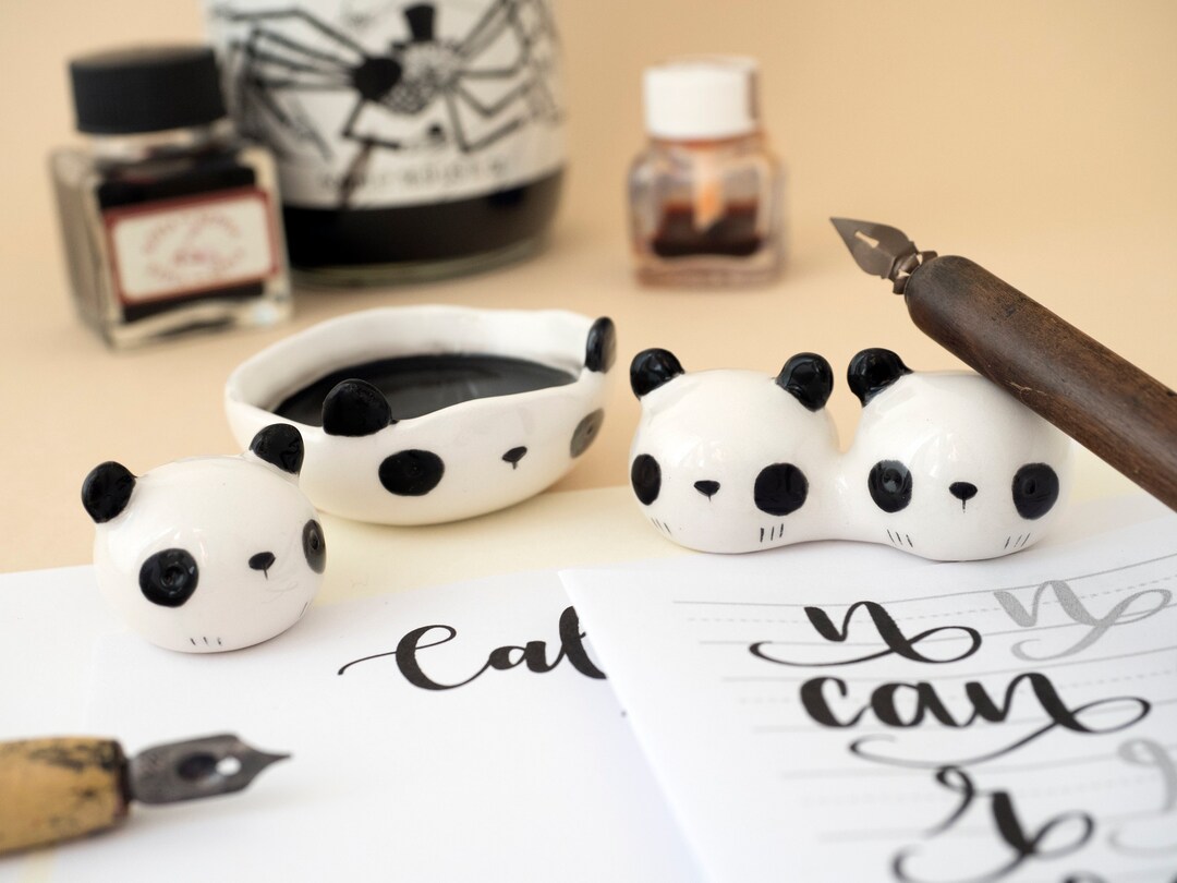 Set Calligrafo in Ceramica a forma di Panda. Appoggia Pennello, Reggi ...