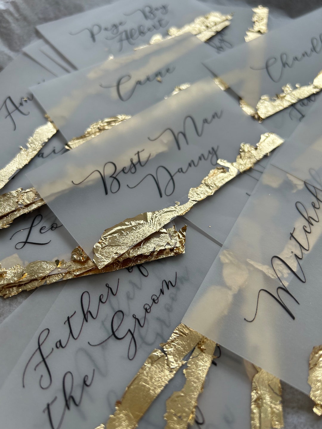 Gold Leaf Edge Vellum Wedding Place Cards | Name Cards | Table Setting ...