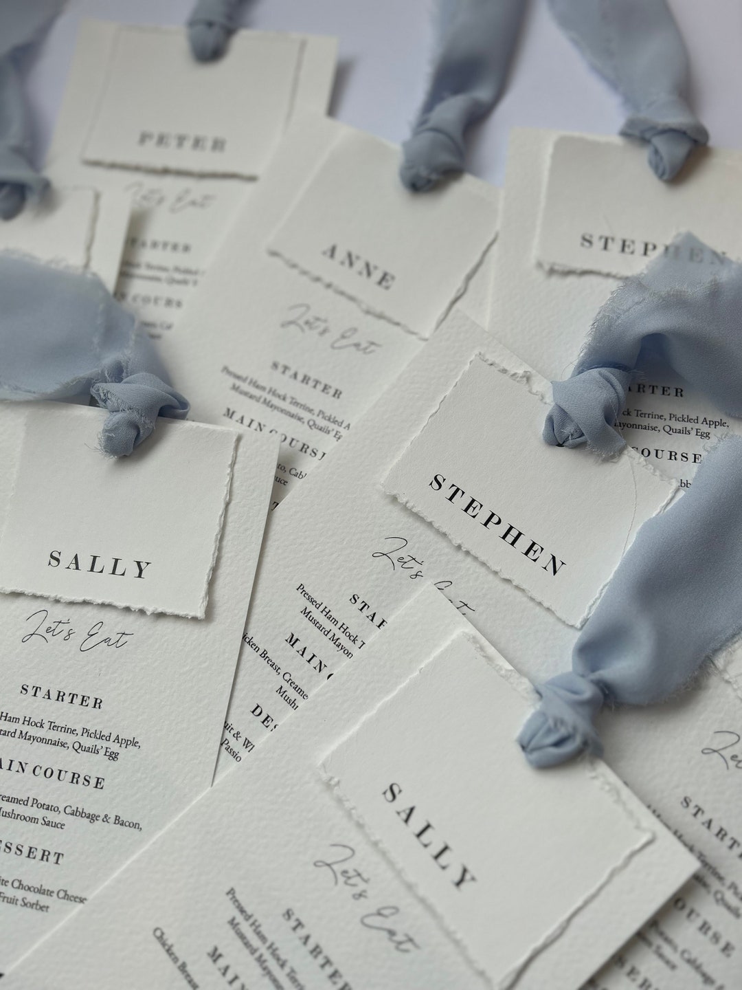 Personalised Wedding Menu Card With Guest Name Tag & Chiffon Ribbon ...