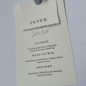 Personalised Wedding Menu Card With Guest Name Tag & Chiffon Ribbon ...