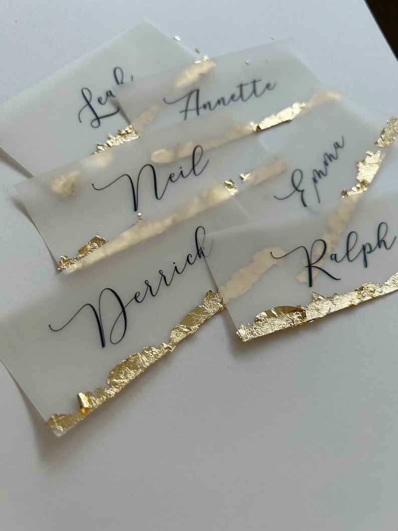 Gold Leaf Edge Vellum Wedding Place Cards | Name Cards | Table Setting ...