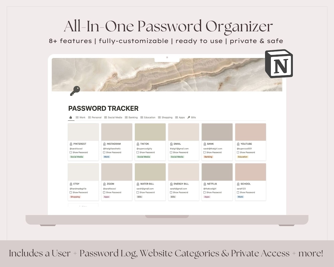 Password Organizer Tracker Notion Template, Password Log List Keeper, Password Manager Password ...