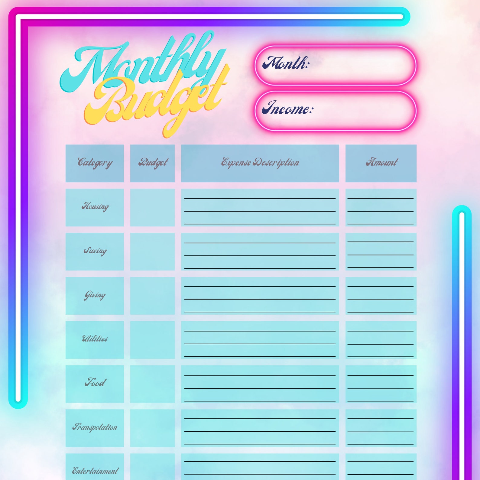 Neon Monthly Budget | Easy Budget Printable | Paycheck Budget Printable ...