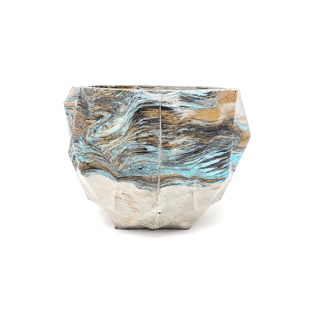 Blue Marbled Concrete Planter • Modern Succulent Pot • Geometric ...
