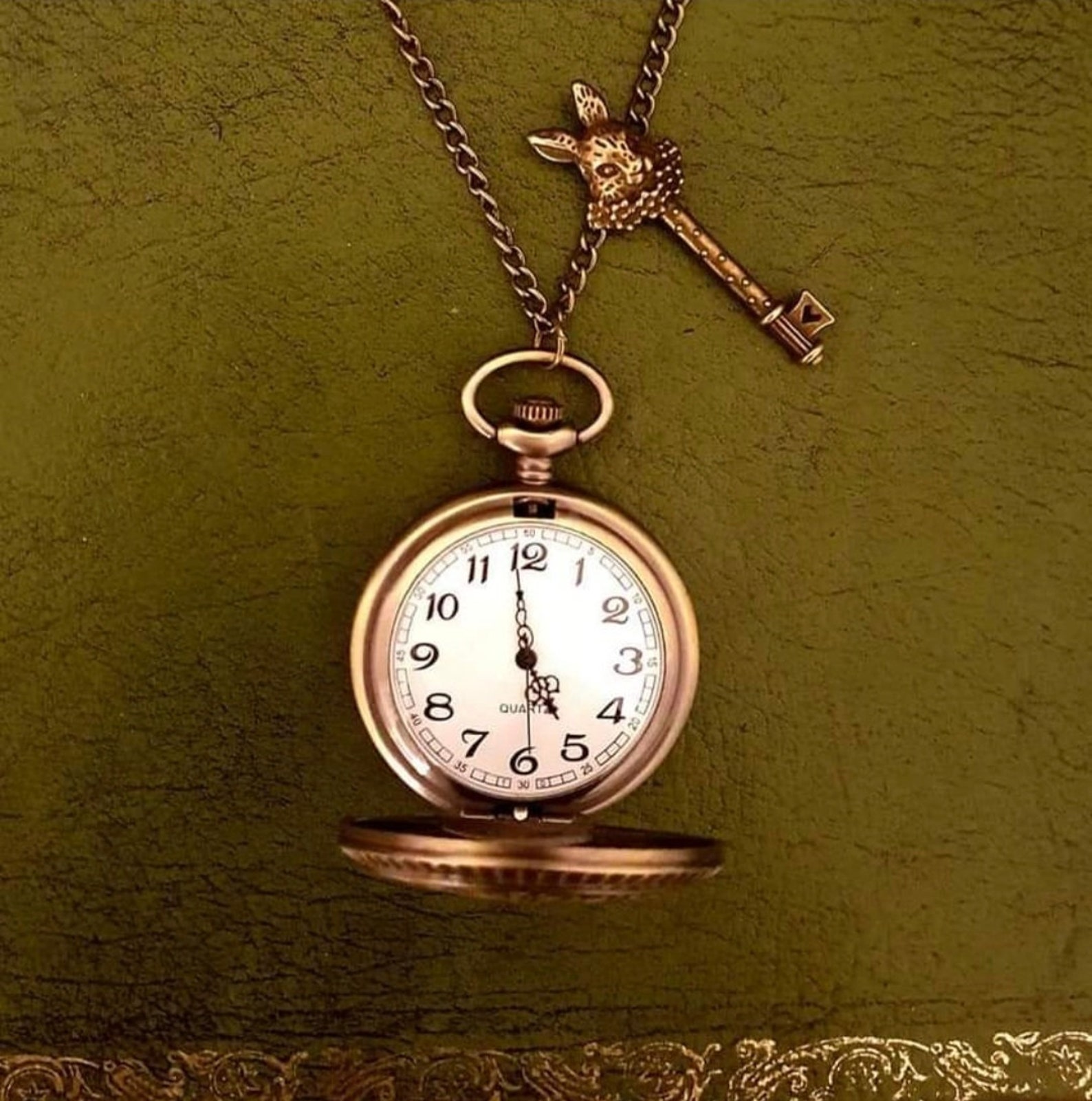 Alice in Wonderland Pocketwatch Necklace With White Rabbit Key Bronze ...