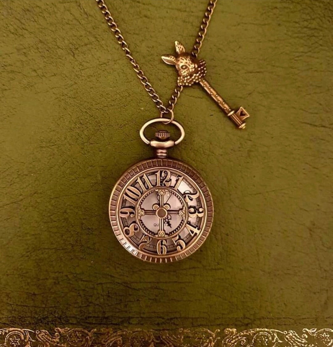 Alice in Wonderland Pocketwatch Necklace With White Rabbit Key Bronze ...