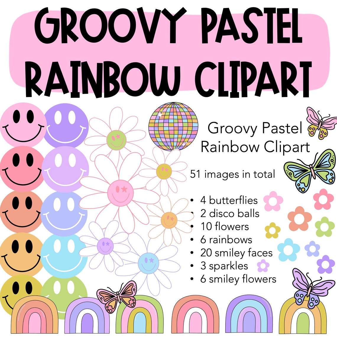 Groovy Pastel Rainbow Clipart Retro Clipart Digital Images - Etsy