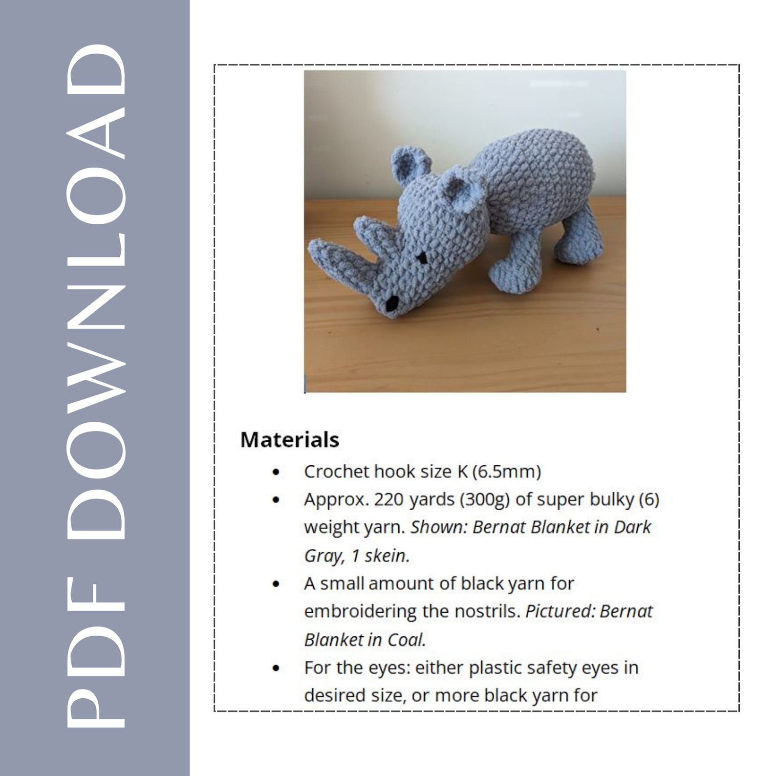 Crochet Pattern - Rhinoceros Plush | Amigurumi Rhino, Crochet Rhino ...