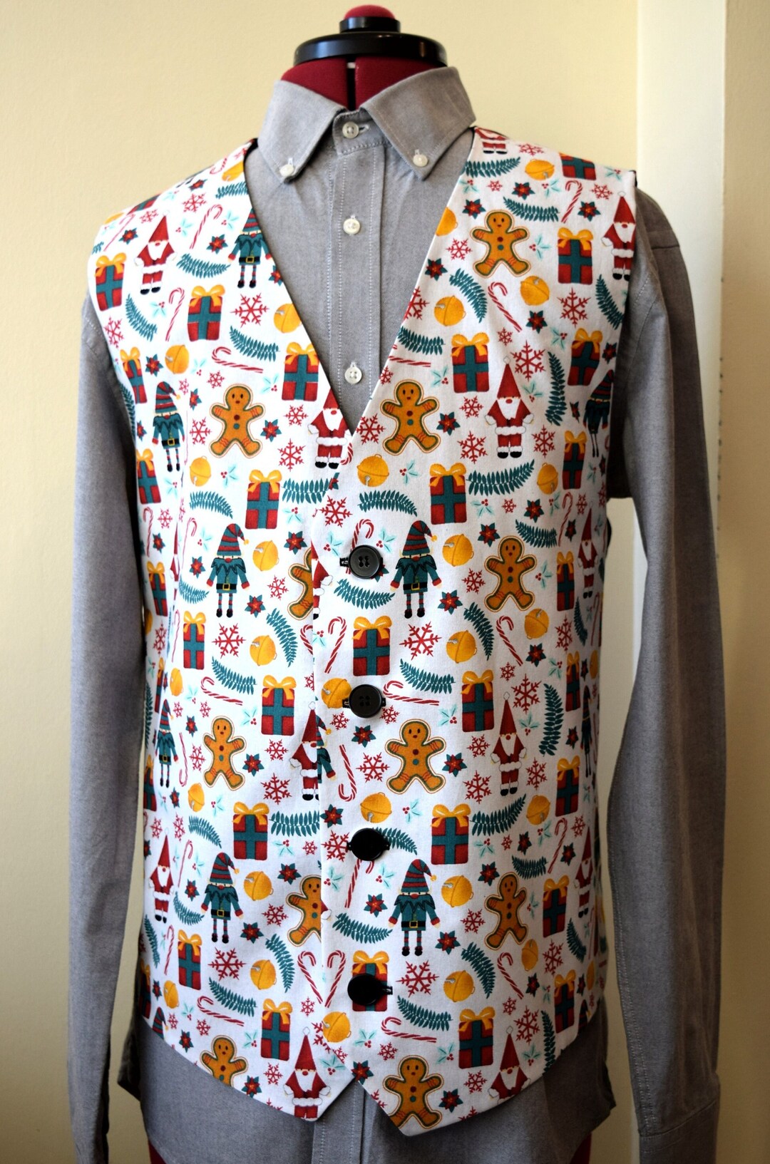 Mens Christmas Vest, Gnome Santa Gingerbread Print, Matching Bowtie - Etsy