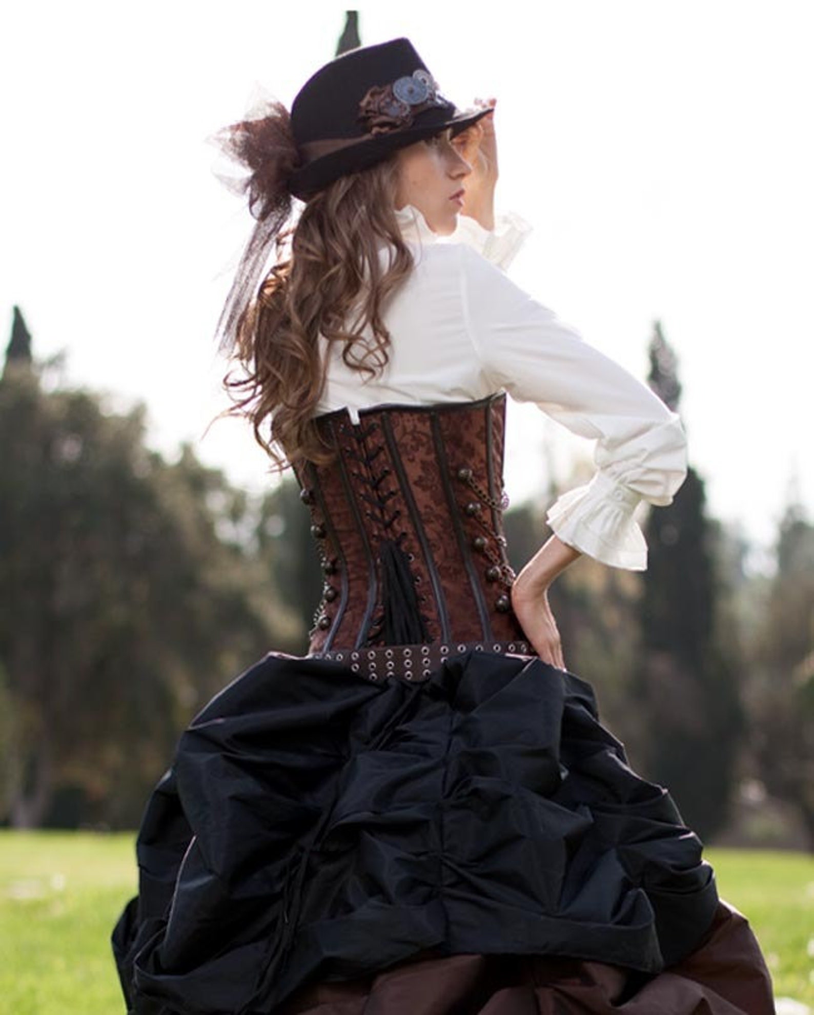 3 Pc Steampunk Victorian Brown Corset & Double Bustle Long - Etsy