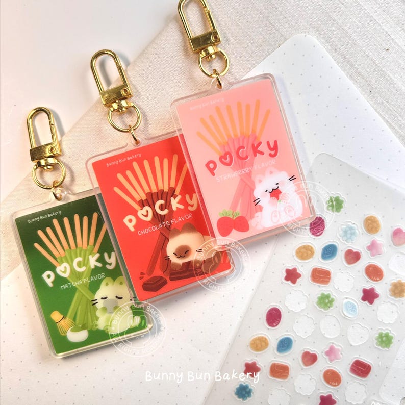 Pocky Snack Cat Acrylic Shaker Keychain | Japanese Kawaii - Etsy