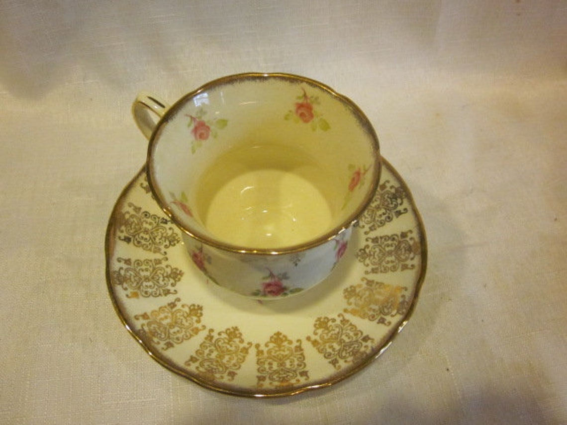 Royal Staffordshire Teacup and Saucer Pink Roses and Gilt Scrollwork ...