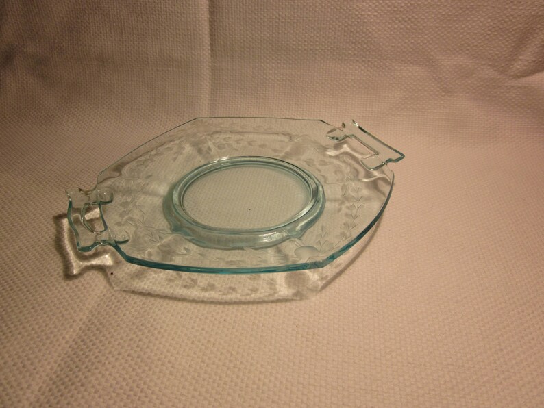 Vintage Etched Glass 2 Handled Plate or Tidbit Tray Gorgeous Blue Blue ...
