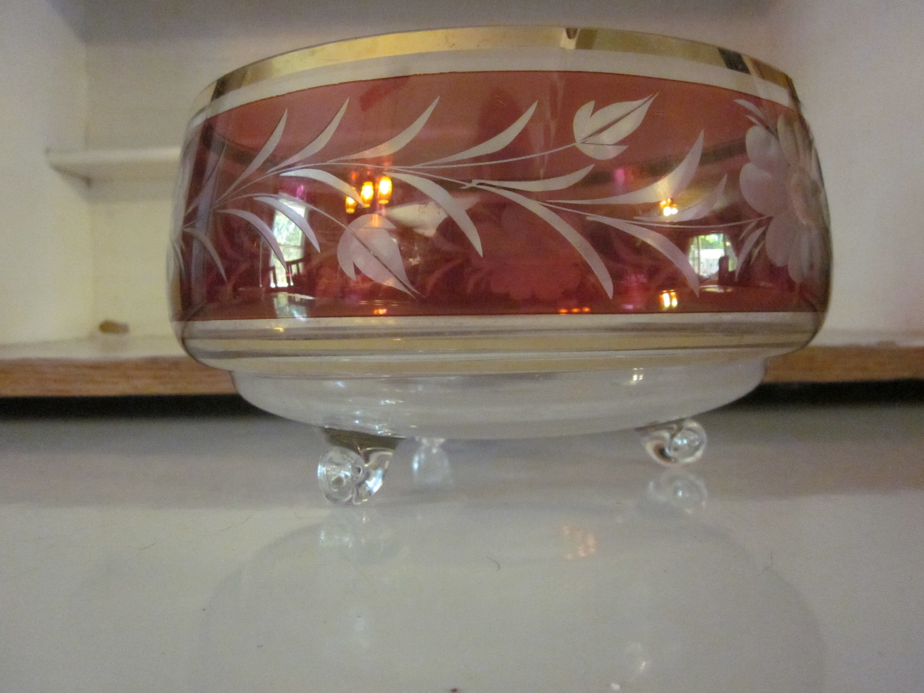 Ruby Flash Etched Frosted Glass Bowl Gilt Rim Frosted Floral - Etsy
