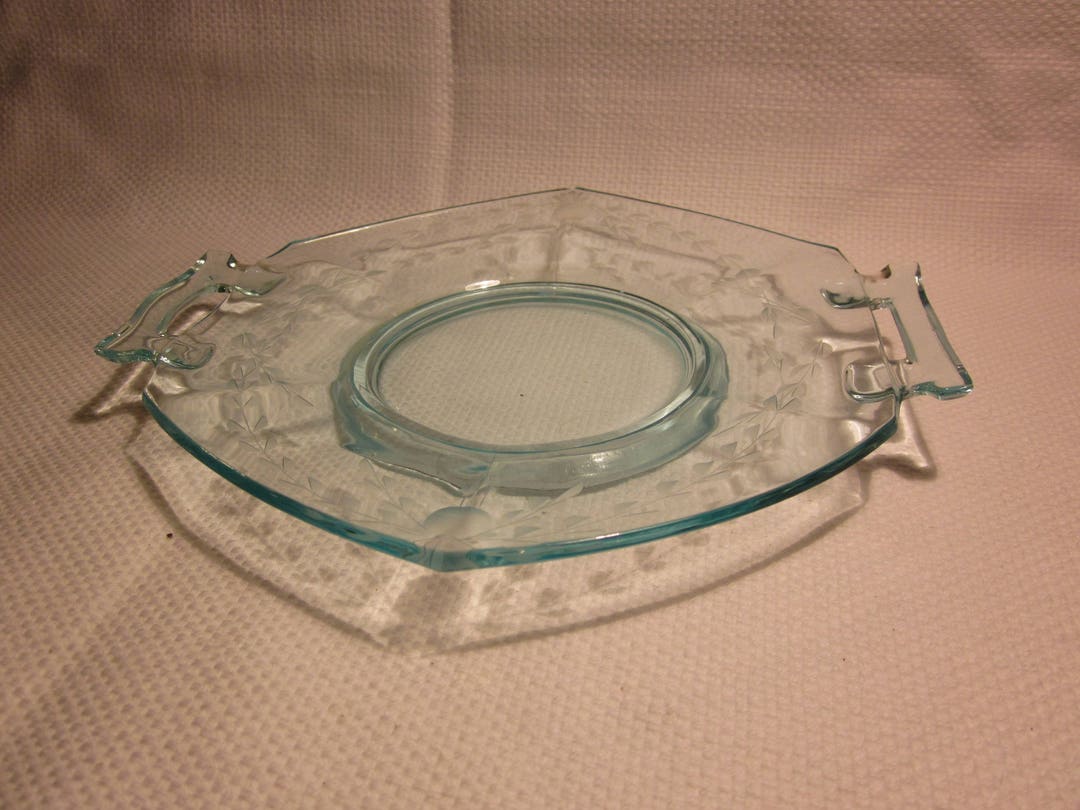 Vintage Etched Glass 2 Handled Plate or Tidbit Tray Gorgeous Blue Blue ...