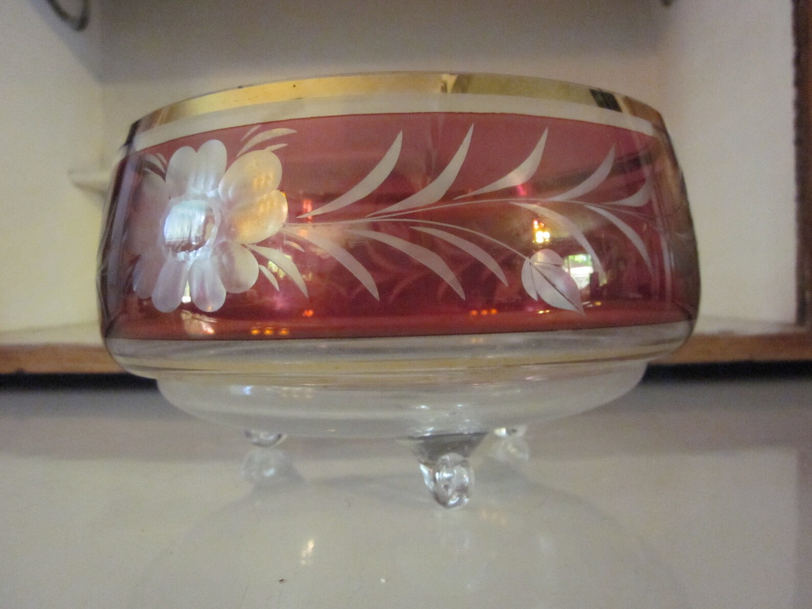 Ruby Flash Etched Frosted Glass Bowl Gilt Rim Frosted Floral - Etsy