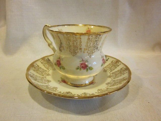 Royal Staffordshire Teacup and Saucer Pink Roses and Gilt Scrollwork ...