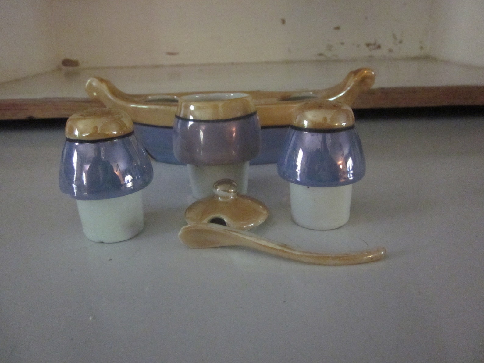 Nippon lustreware condiment set blue and orange lustre gondola | Etsy