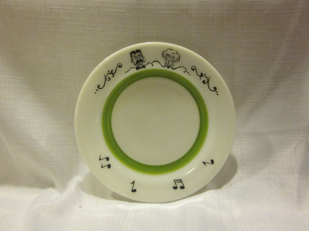 Vintage Milk Glass Plate With Music Notes and Singing Couple Green Band ...